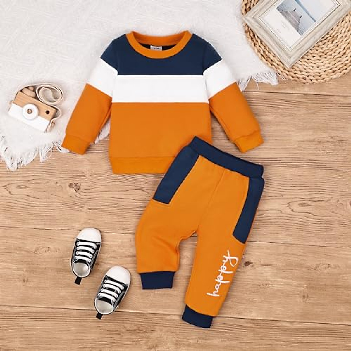 CETEPY Baby Boys Clothes 12-18 Months Toddler Boy Sweatshirt Patchwork Fall Winter Long Sleeve Shirt Pants Outfits Clothing Set Set Yellow 12-18 Months