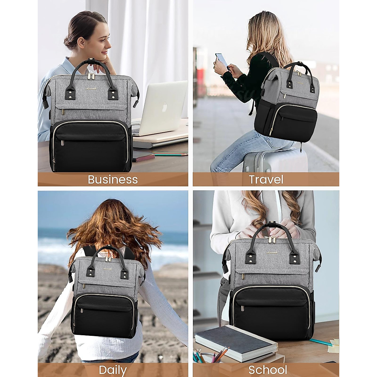 LOVEVOOK Laptop Backpack for Women Fashion Business Computer Backpacks Travel Bags Purse Student Bookbag Teacher Doctor Nurse Work Backpack with USB Port, Fits 17-Inch Laptop Grey Black
