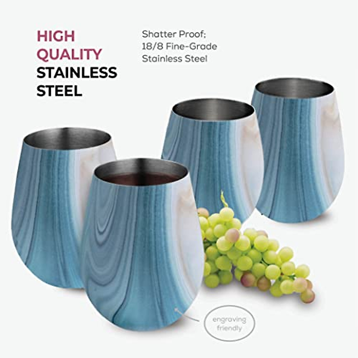 Stainless Steel Unbreakable Wine Glasses - 18 Ounce Set of 4 Wine glasses. Premium Grade 18/8 Stainless Steel Red & White Stemless Wine Glasses set, (Exquisite Blue Marble)