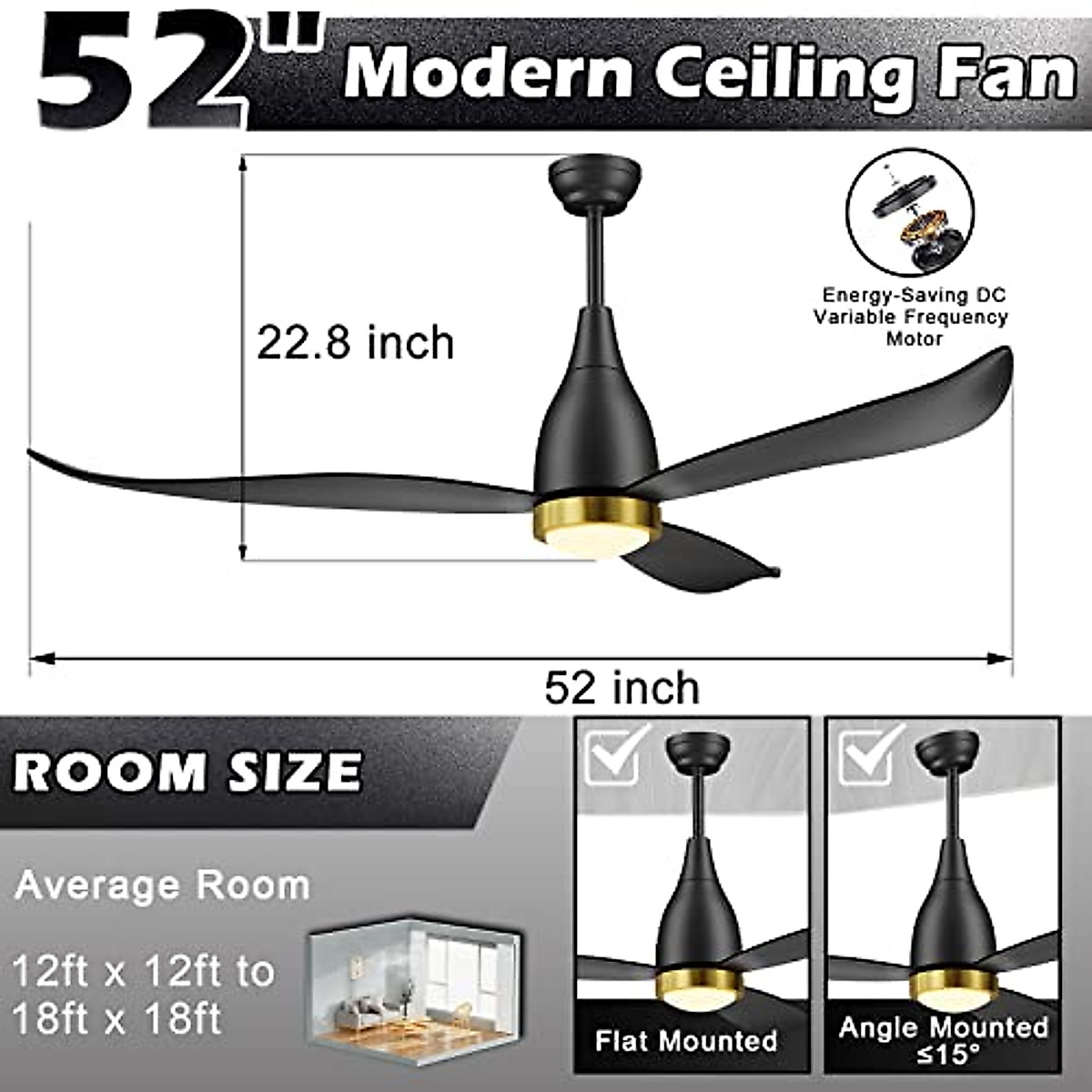 LEEAGLEGRY 52 Inch Black Ceiling Fan with Lights and Remote, Black and Gold Ceiling Fans with Dimmable LED Light, 3 Blade Modern Fan, Quiet DC Motor Tri-Color for Bedroom Living Dining Room