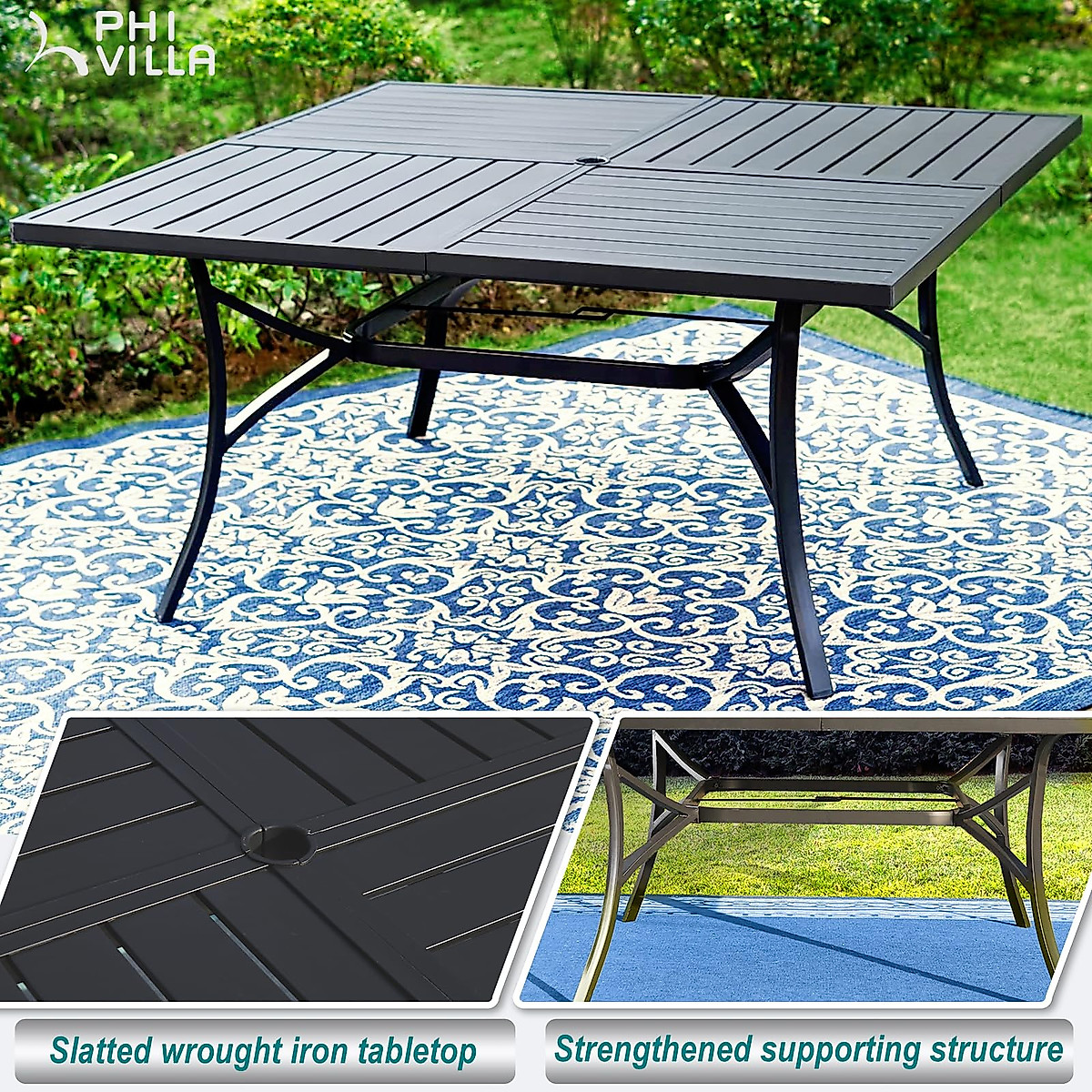 PHI VILLA 9 Pieces Square Outdoor Dining Set for 8, 60” Metal Iron Dining Table & Rattan Wicker Chairs with Cushions, Large Dining Furniture Set for Patio, Deck, Yard, Porch