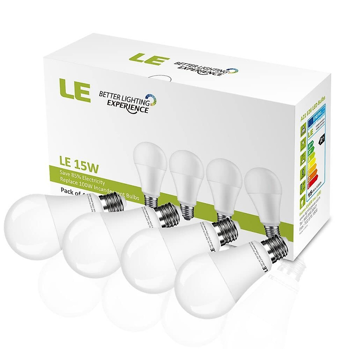 LE Dimmable 100W Bulbs Equivalent, 15W 1500LM, A21 E26 LED Light Bulbs, 200° Beam Angle, 2700K Warm White, Pack of 4