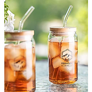 Mountain Drinks Drinking Glasses - 2 Pack Strong Borosilicate Libby Glasses - Bamboo Lids, Glass Straws - 16oz Can Shaped Glass for Beer, Iced Coffee, Water, or Gifts