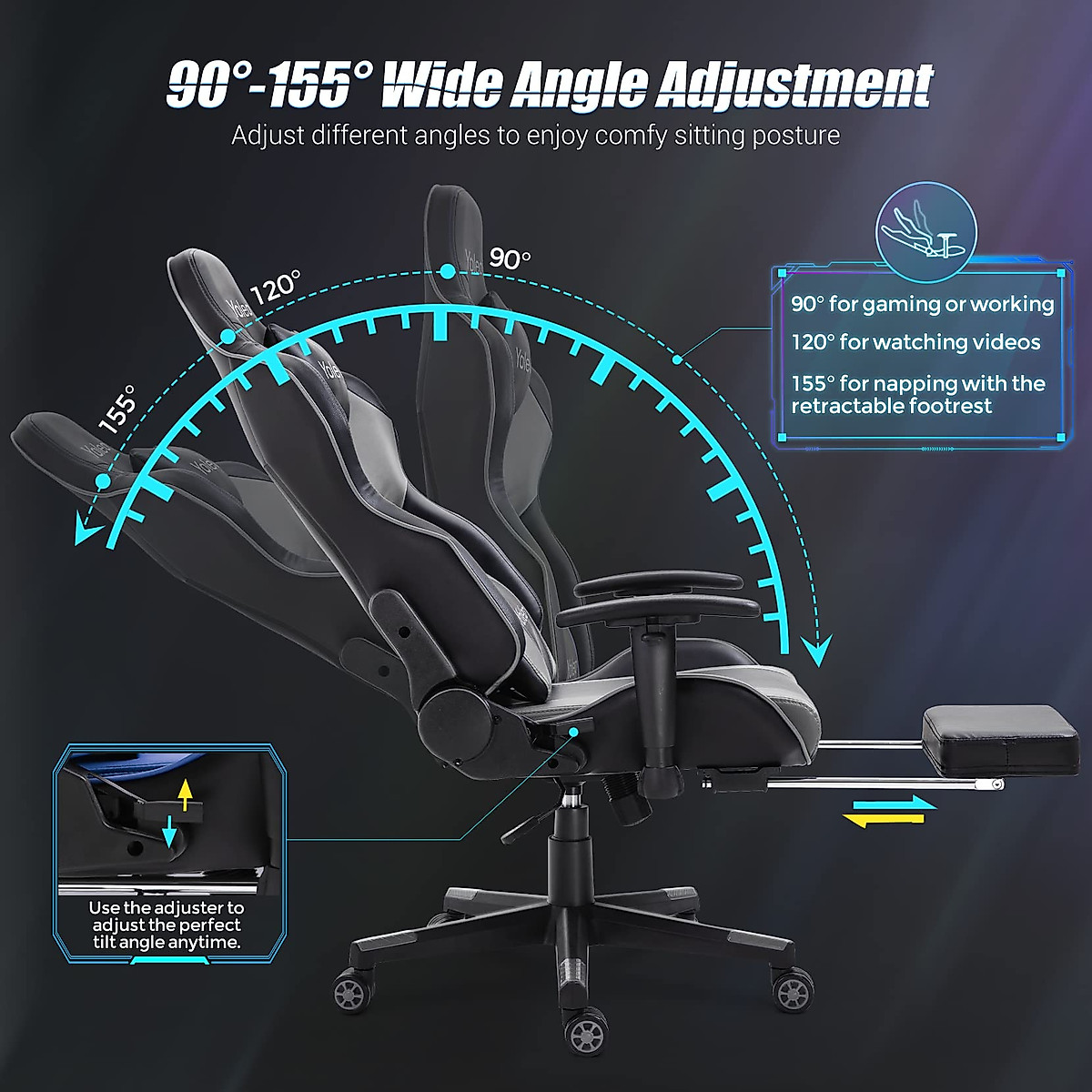 YOLEO Gaming Chair with Footrest High Back Computer Gaming Chair Ergonomic Office Chair with Mute Casters Adjustable Armrest Desk Chair Recliner Chair with Lumbar Support BIFMA Certified Black/Grey