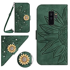 ONV Wallet Case Compatible with Samsung Galaxy S9 Plus - 1.5M Strap Glitter Shinny Sunflower Flip Leather Case Card Slot Shockproof Kickstand Magnetic Cover for Samsung Galaxy S9 Plus [HT] -Green-T
