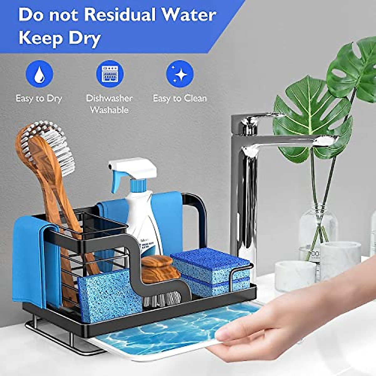 MEYONER Kitchen Sink Organizer, Sink Caddy Sponge Holder for Kitchen Sink, Dish Brush Holder Stainless Steel, Kitchen Soap Caddy with Plastic Removable Drain Pan for Sponge, Brush, Dish Soap