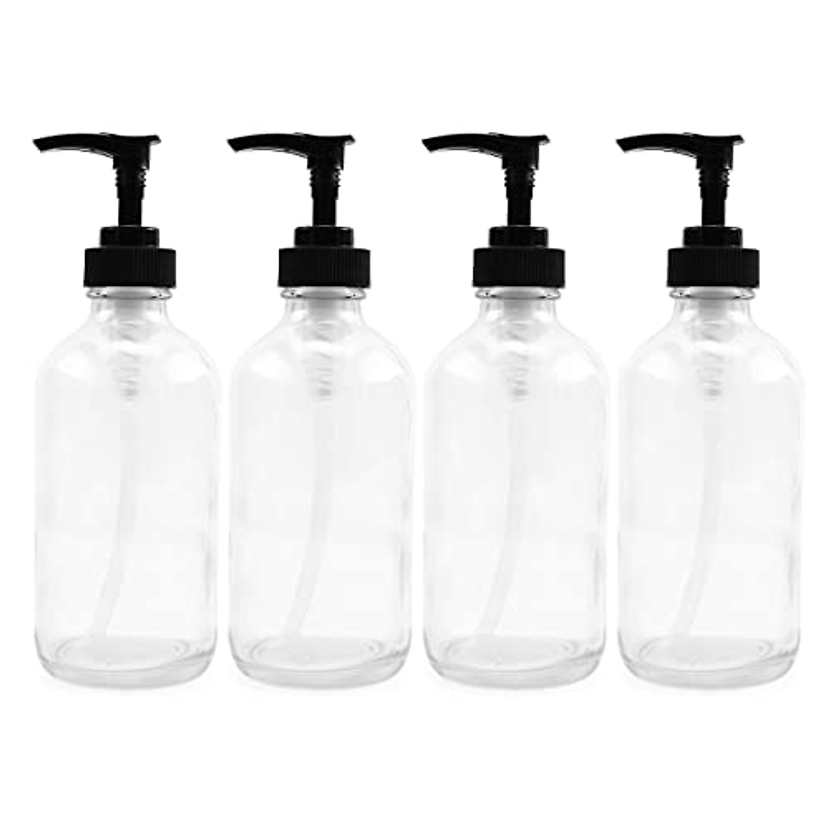 8oz Clear Glass Pump Bottles (4-Pack w/Black Plastic Pumps), Great as Essential Oil Bottles, Lotion Bottles, Soap Dispensers, and More