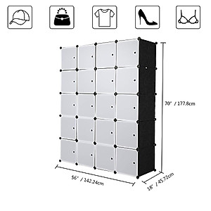 Modular Wardrobe, Portable Clothes Closet, 20 Cube Organizer Stackable Plastic Cube Storage Shelves Design Multifunctional Modular Closet Cabinet with Hanging Rod White