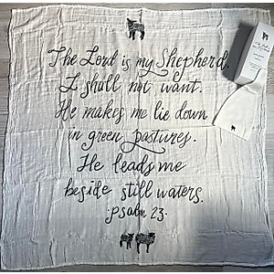 The Lord is my Shepherd (Psalm 23) Muslin Swaddle & Bonus Baby Hat with Scripture Quote - 100% Organic Unbleached Cotton - Swaddle/Blanket - Unique Shower & Baptism Gift