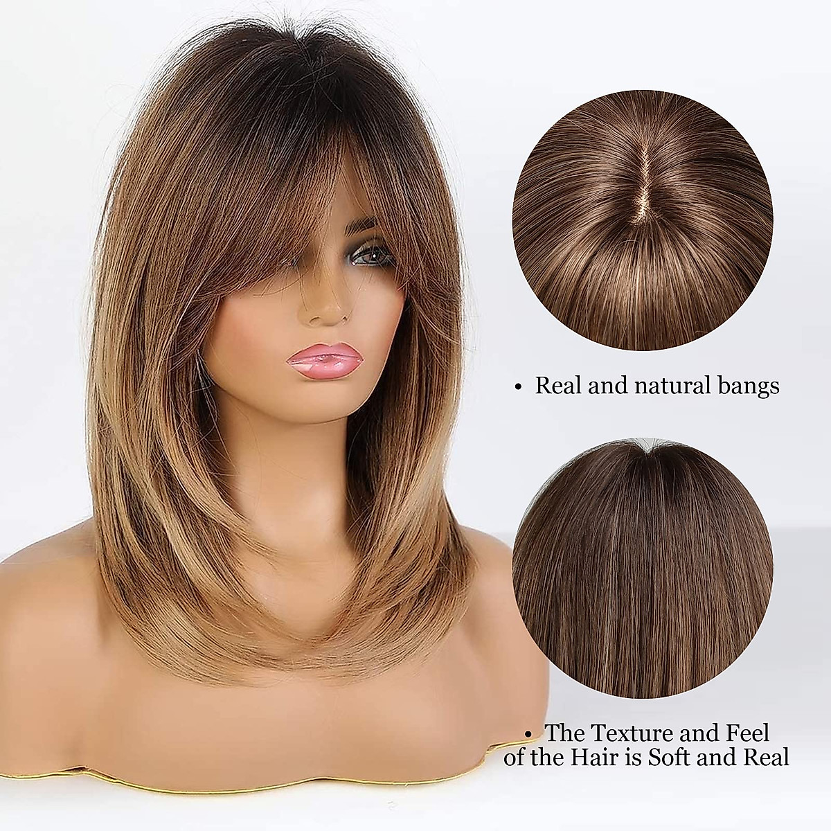 Alanhair Ombre Brown Wigs for Women,Shoulder-Length Layered Wigs with Bangs Heat Resistant Synthetic Fibre Wigs