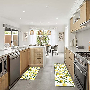 SHACOS Lemon Kitchen Rugs Mats 2 Pieces Anti Fatigue Floor Rug Runner Set Non Slip Soft Cushioned Standing Mat Wipeable Floor Mat, 17"x27.5"+17"x47",White