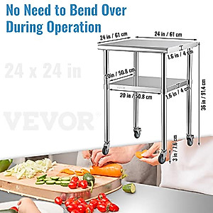 VEVOR Stainless Steel Prep Table, 24 x 24 x 36 Inch, 600lbs Load Capacity Heavy Duty Metal Worktable with Adjustable Undershelf & Universal Wheels, Commercial Workstation for Kitchen Garage Backyard