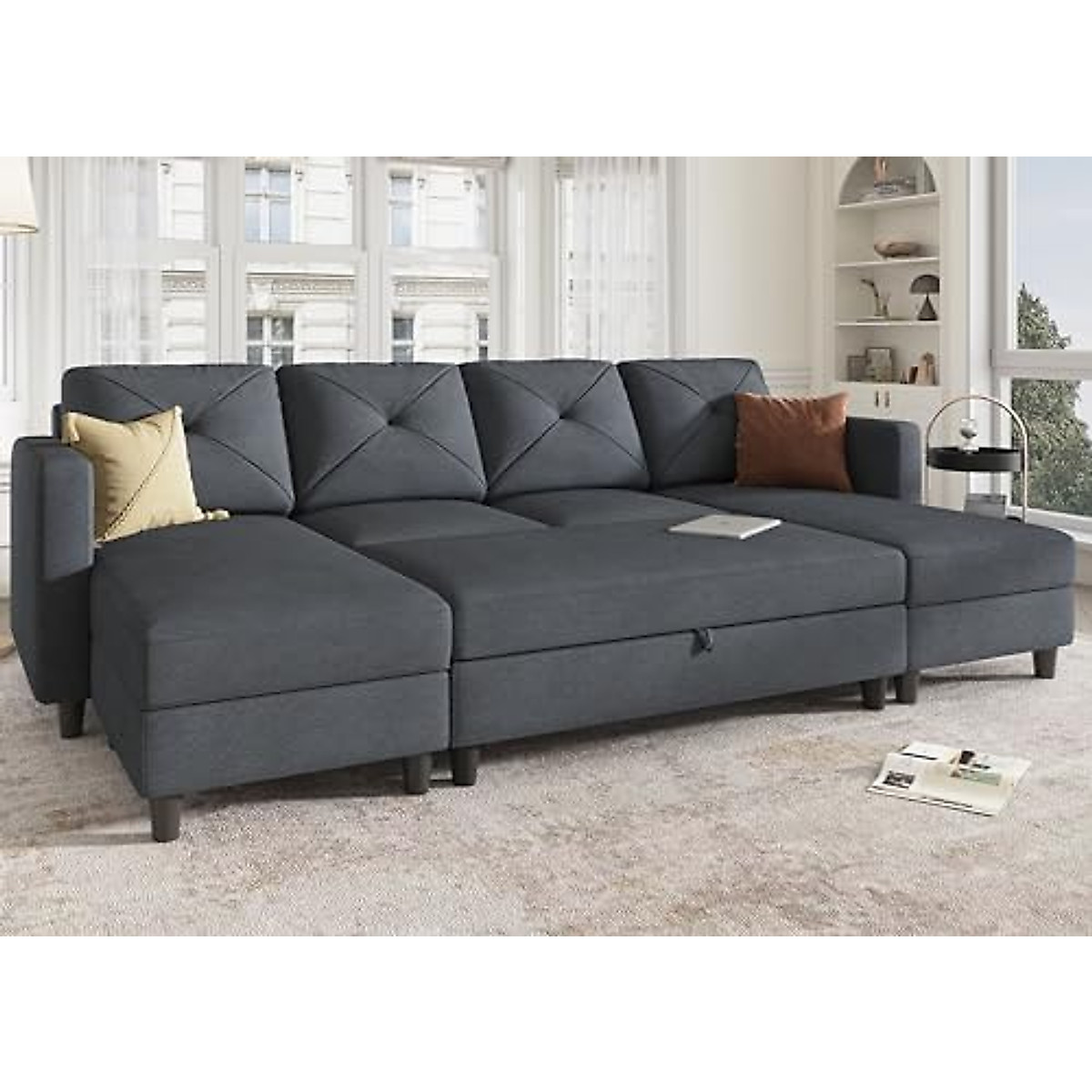 HONBAY Sectional Sleeper Sofa U Shaped Couch with Storage Ottoman for Living Room, Bluish Grey