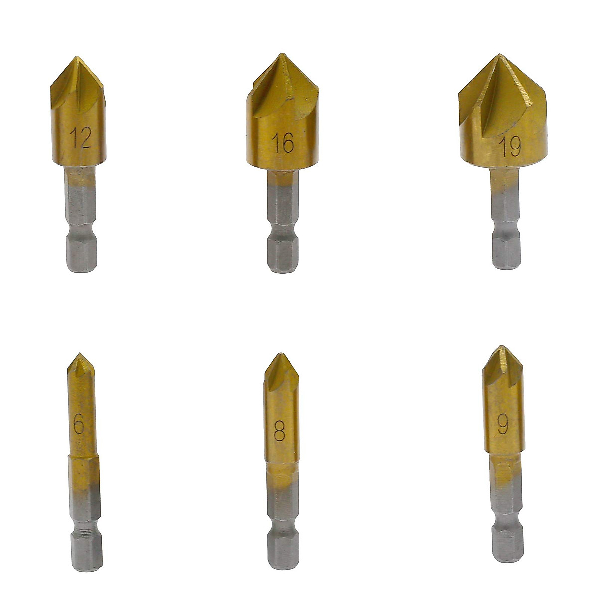 Bonsicoky Countersink Drill Bit Set 6 Pcs, 1/4 Inch Hex Shank 5 Flute 90 Degree Center Punch Tool Sets, Carbide Counter Sinker Drill Bits for Wood Quick Change Bit (6mm-19mm)