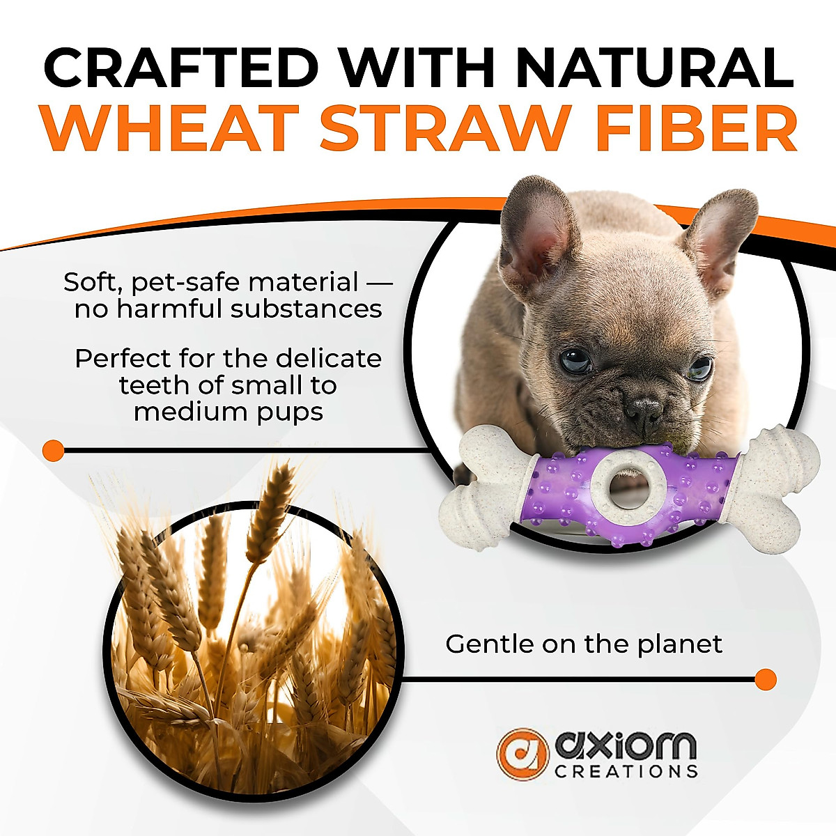 AXIOM CREATIONS Interactive Dog Toy for Small Breeds - 6x2” Bone Shaped Puppy Chew Toys for Teething - Pet Safe Wheat Straw Fiber Material with Treat Holder (Purple)