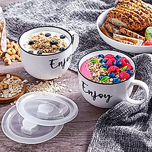 DAYYET Soup Mugs with Handle and Vented Lid, 26 oz Jumbo Coffee Mugs, Ceramic Mugs for Cereal, Noodles, Ramen, Pasta and Salad, Dishwasher and Microwave Safe, Set of 2, White