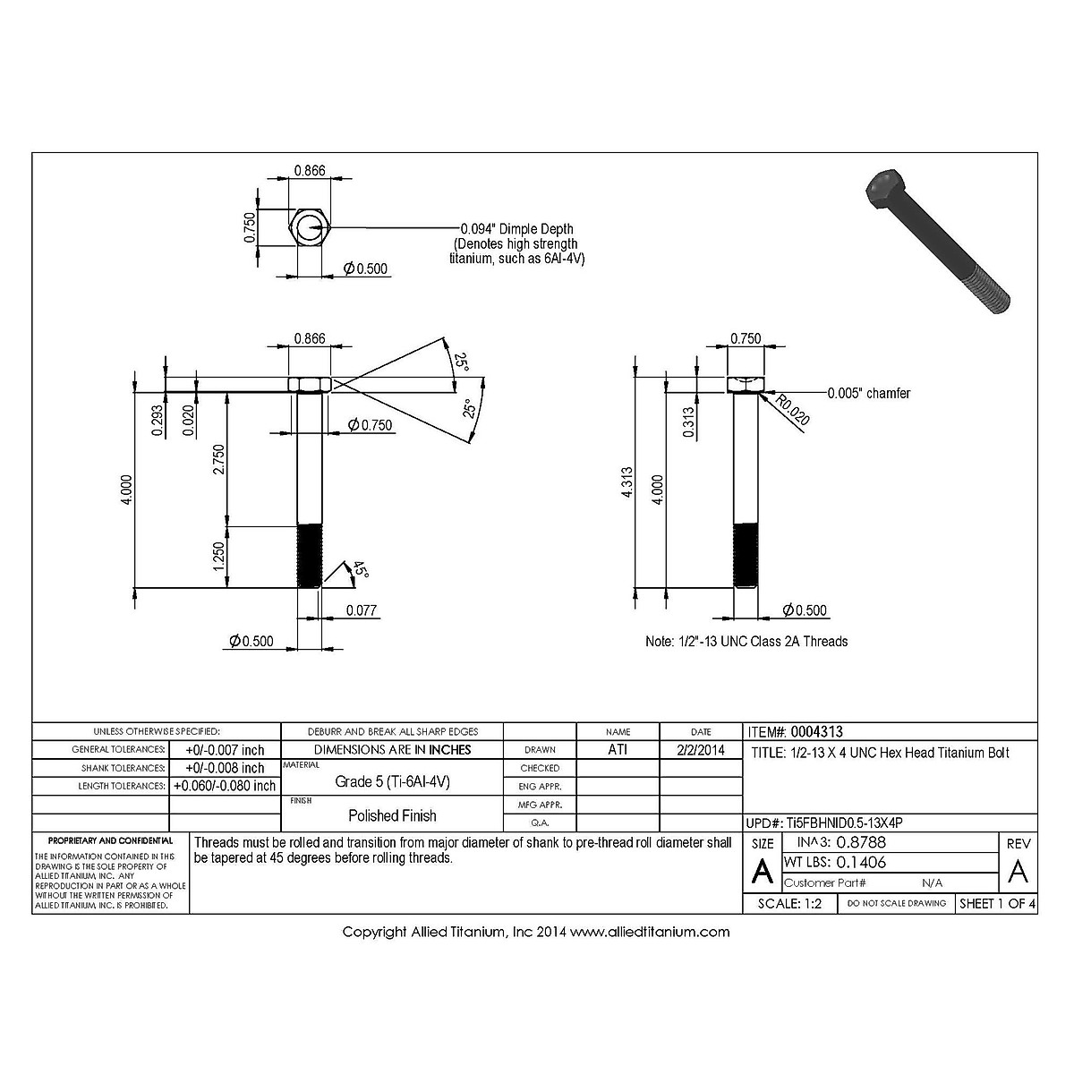 Allied Titanium 0004313, (Pack of 2) 1/2-13 X 4 UNC Titanium Hex Head Bolt, Grade 5 (Ti-6Al-4V)