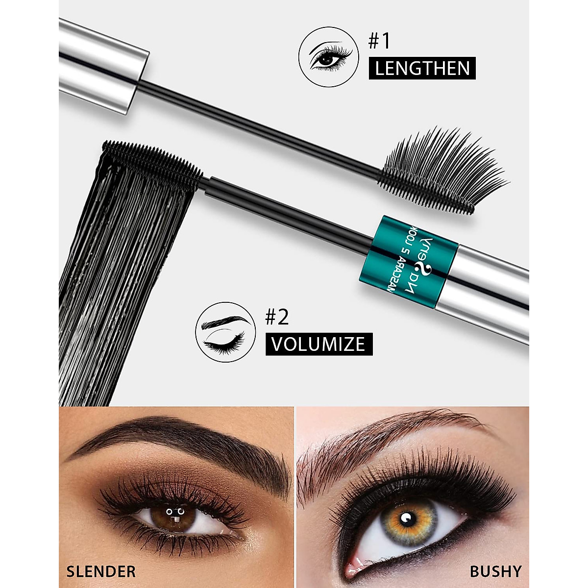 NaSeny 2in1 Vibely Mascara Lash Cosmetics Waterproof Black Volume And Length Thickening And Lengthening Dual Effect 5X Longer Mascara Smudge-Proof Non Clumping