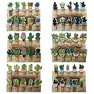SaktopDeco 60 Counts Mini Cactus Wooden Clothespins with Jute Twine Small Floral Decorative Wood Peg Pin Craft Clips for Pictures Memo Card Photo