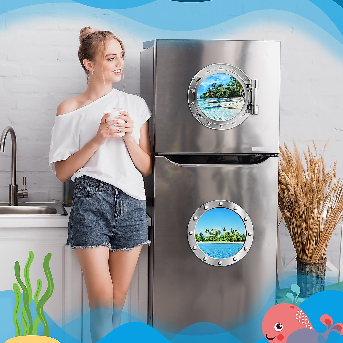4 Pcs Cruise Door Decorations Magnetic Cruise Porthole Door Magnets Palm Tree Turtle Cruise Magnet The Sea Nature Scenery Fridge Decor for Carnival Cruise Refrigerator Car