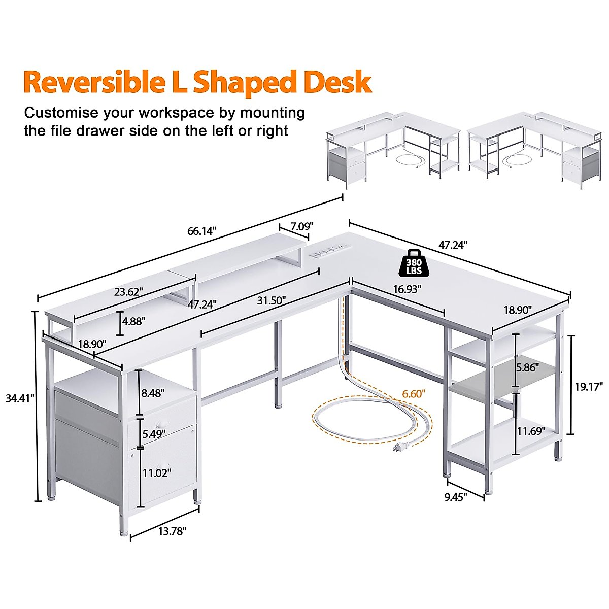 Furologee White 66” L Shaped Desk with Power Outlet, Reversible Computer Desk with File Drawer & 2 Monitor Stands, Home Office Desk with Storage Shelves, Corner Desk for Gaming Writing