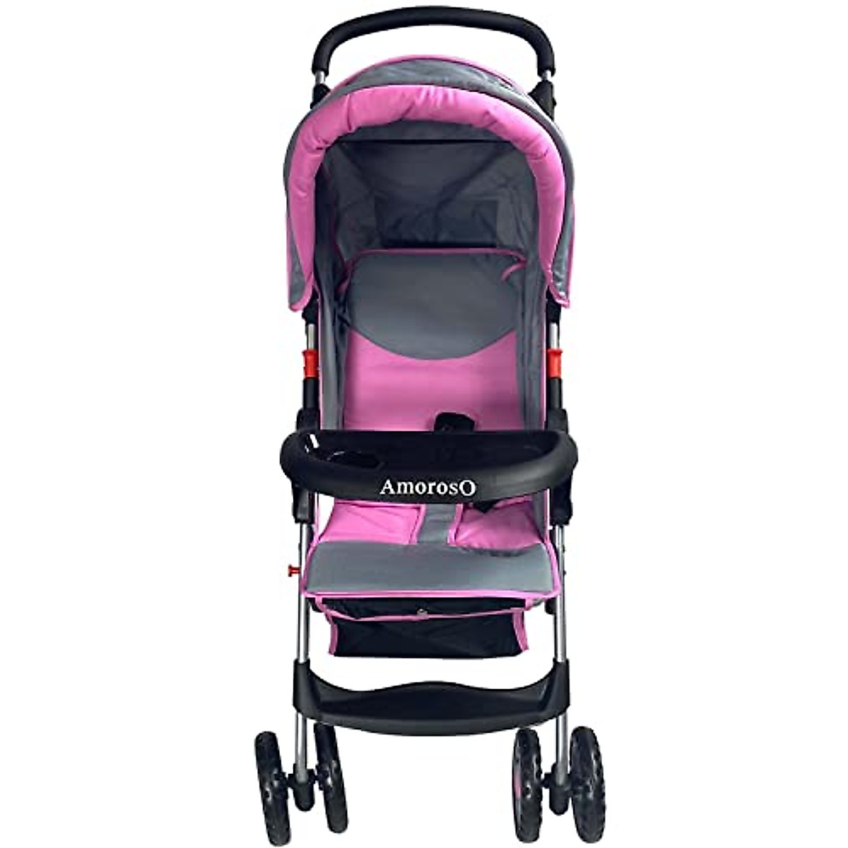 AmorosO Single Stroller - Baby Stroller with Four Wheels - Lightweight Stroller - Convertible Stroller with Extra Storage Space - Foldable Stroller with Sun Protection Hood Cover (Pink/Grey)