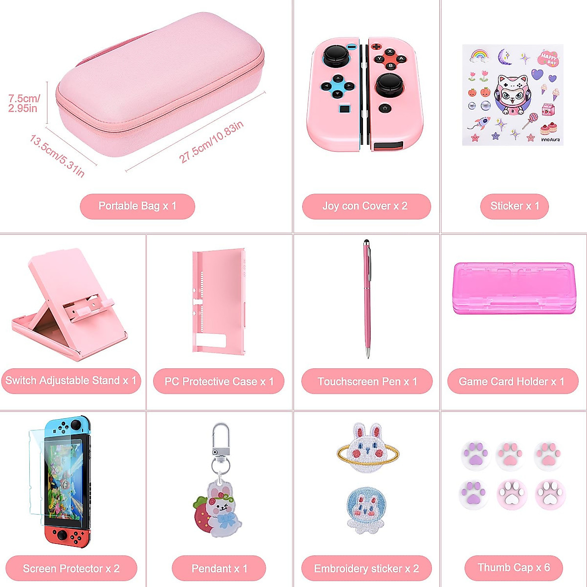 innoAura Switch Case for NS Switch 19 in 1 Switch Accessories Bundle with Switch Carrying Case, Switch Game Case, Switch Screen Protector, Switch Stand, Switch Thumb Grips (Pink)