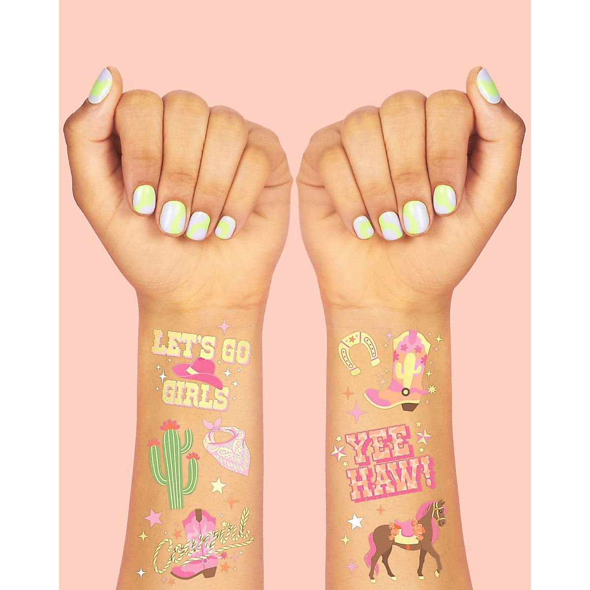 xo, Fetti Cowgirl Temporary Tattoos - 50 Gold Foil Styles | Birthday Party Decorations, Giddy Up Cowgirl Accessory, Rodeo Western Theme Favor, Nashville Gift + Cow Print Supplies, Baby Shower