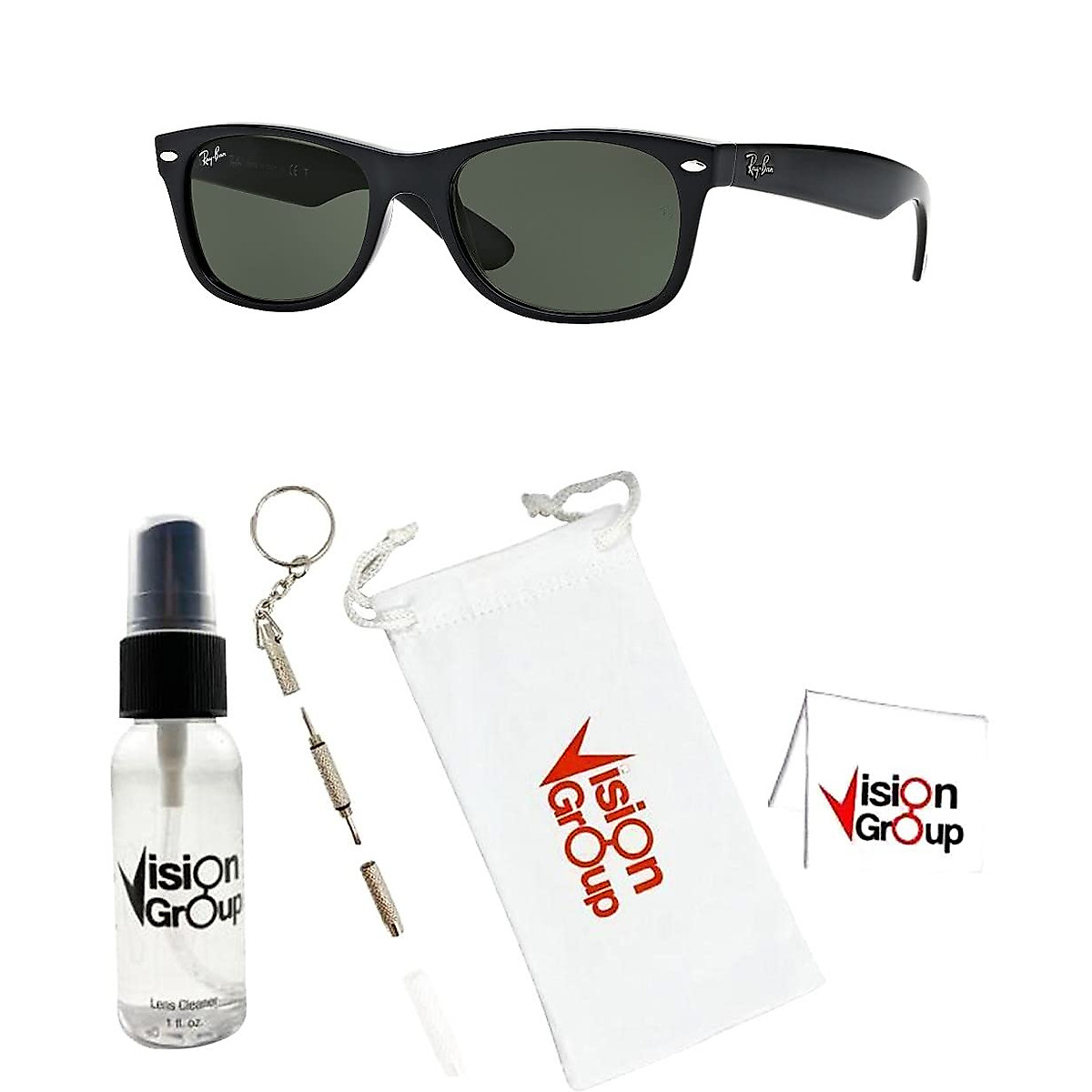 Ray-Ban RB2132 New Wayfarer Sunglasses + Vision Group Accessories Bundle, unisex-adult (Black/Crystal Green,58)