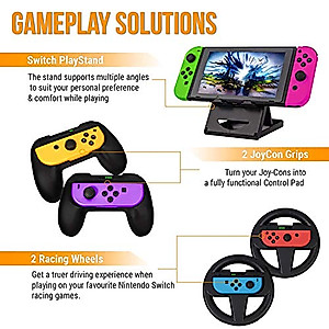 Orzly Accessory Bundle Kit designed for Nintendo switch Accessories Geeks and Oled console users Case and Screen protector, Joycon grips and Wheels for enhanced games play and more - Jet black