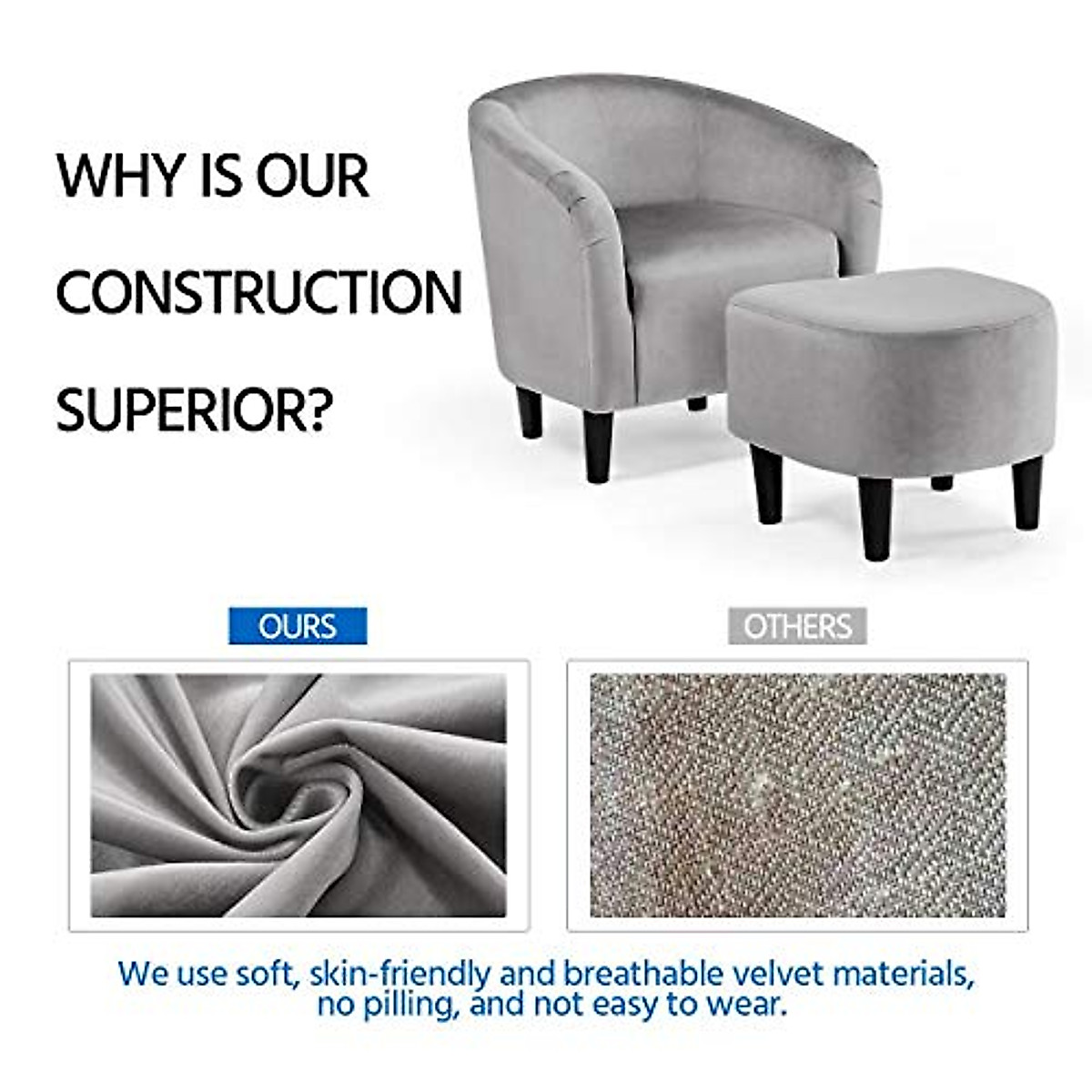 Yaheetech Accent Chair with Ottoman Foot Rest, Mid Century Modern Upholstered Soft Barrel Chair, Comfy Fabric Armchair and Footrest Set for Living Room/Bedroom/Reading Room, Gray