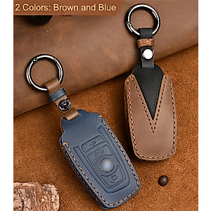 OLLEN Genuine Leather No Screws Key Fob Cover Fit for BMW 1 3 4 5 6 7 Series X3 X4 M5 M6 GT Series etc, Square Shape, Blue