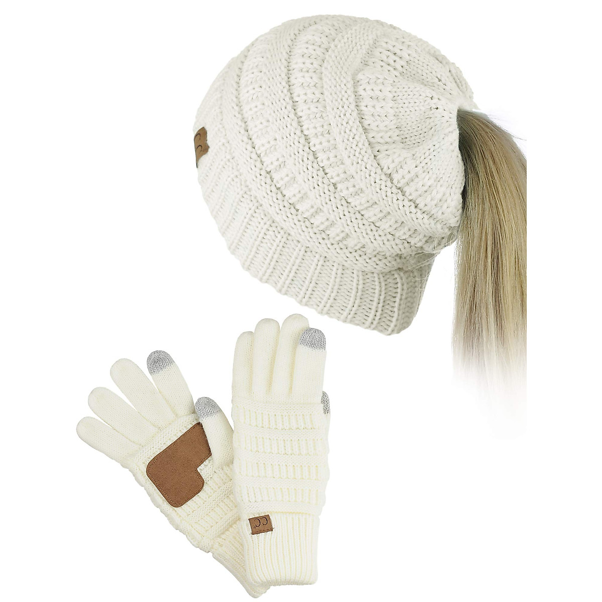 C.C BeanieTail Messy High Bun Cable Knit Beanie and Anti-Slip Touchscreen Gloves Set, Ivory
