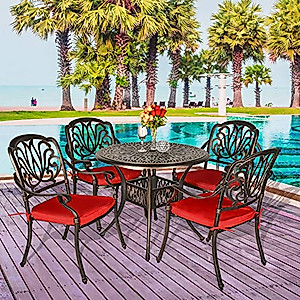 TITIMO 5 Piece All-Weather Cast Aluminum Outdoor Patio Deck Dining Set w/Round Table and 4 Chairs, Red Cushions, Umbrella Hole - Deep Bronze