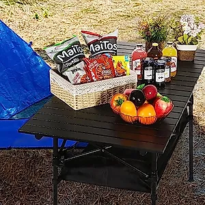 Folding Camping Table Folding Outdoor Table, 46.6 * 21.65 * 26.77in Picnic Table, Portable Camping Table, Aluminum Roll-Up Top, Camp Table with Easy Carry Bag for Outdoor Travel Backyards BBQ(Black)