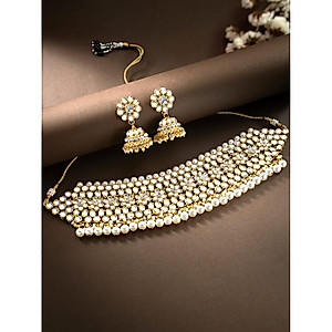 Aheli Elegant Indian Traditional Wedding Wear Kundan Pearl Encrusted Choker Necklace Set with Jhumki Earrings Ethnic Bollywood Party for Women (White)
