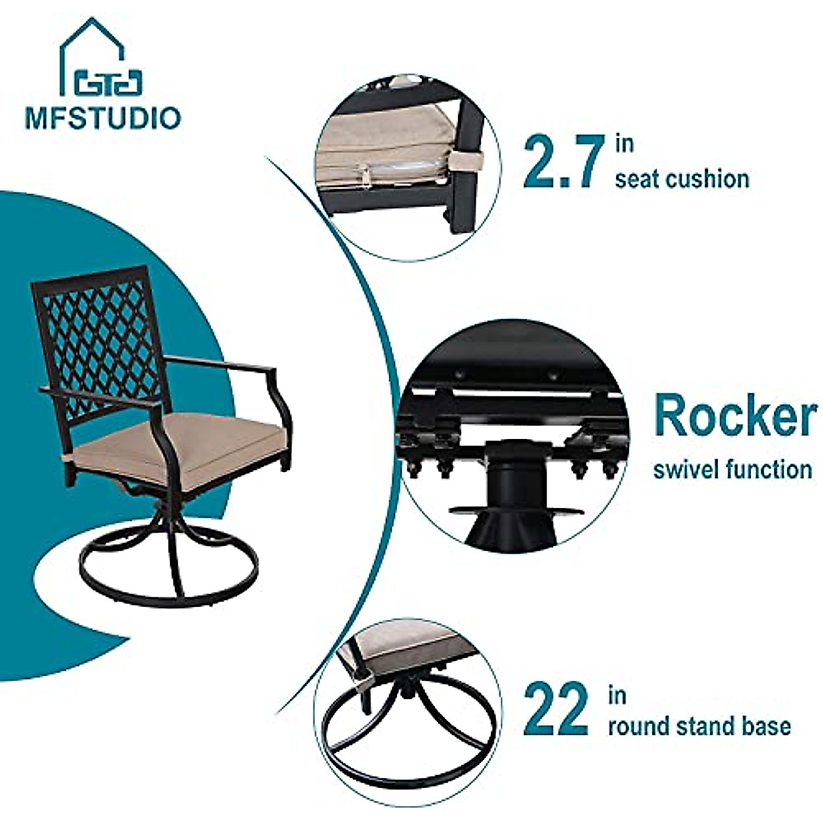 MFSTUDIO 5 PCS Metal Outdoor Patio Furniture Dining Set with 4 Metal Swivel Chairs and Square Dining Table with Umbrella Hole, Black