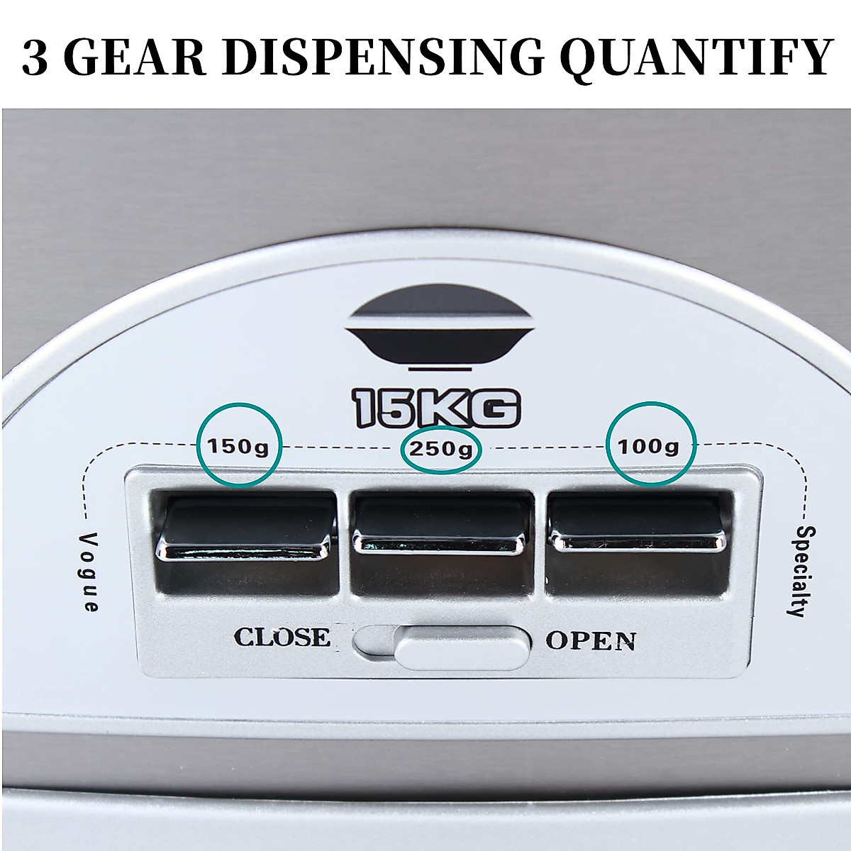 Auto Rice Dispenser, 15kg/33lb Capacity Rice Storage Container Stainless Steel+ABS Large Grain Dispenser 100g/150g/250g Automatic Rice Dispenser for Small Grains, Beans, Rice (Rice not included)