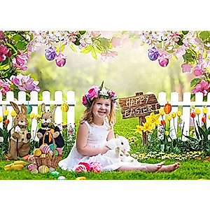 LTLYH 8x6ft Spring Easter Floral Bokeh Backdrop Easter Photo Decorations Background Easter Rabbit Colorful Eggs Fence Grass Wall Decor Photography Background 172