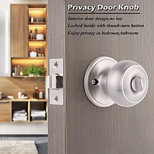 Gobrico 6 Pack Bathroom Bedroom Door Knobs Hardware, Round Privacy Knobs Locksets Interior Door Handles, Satin Nickel Finished, Stainless Steel Doorknob Bulk Pack