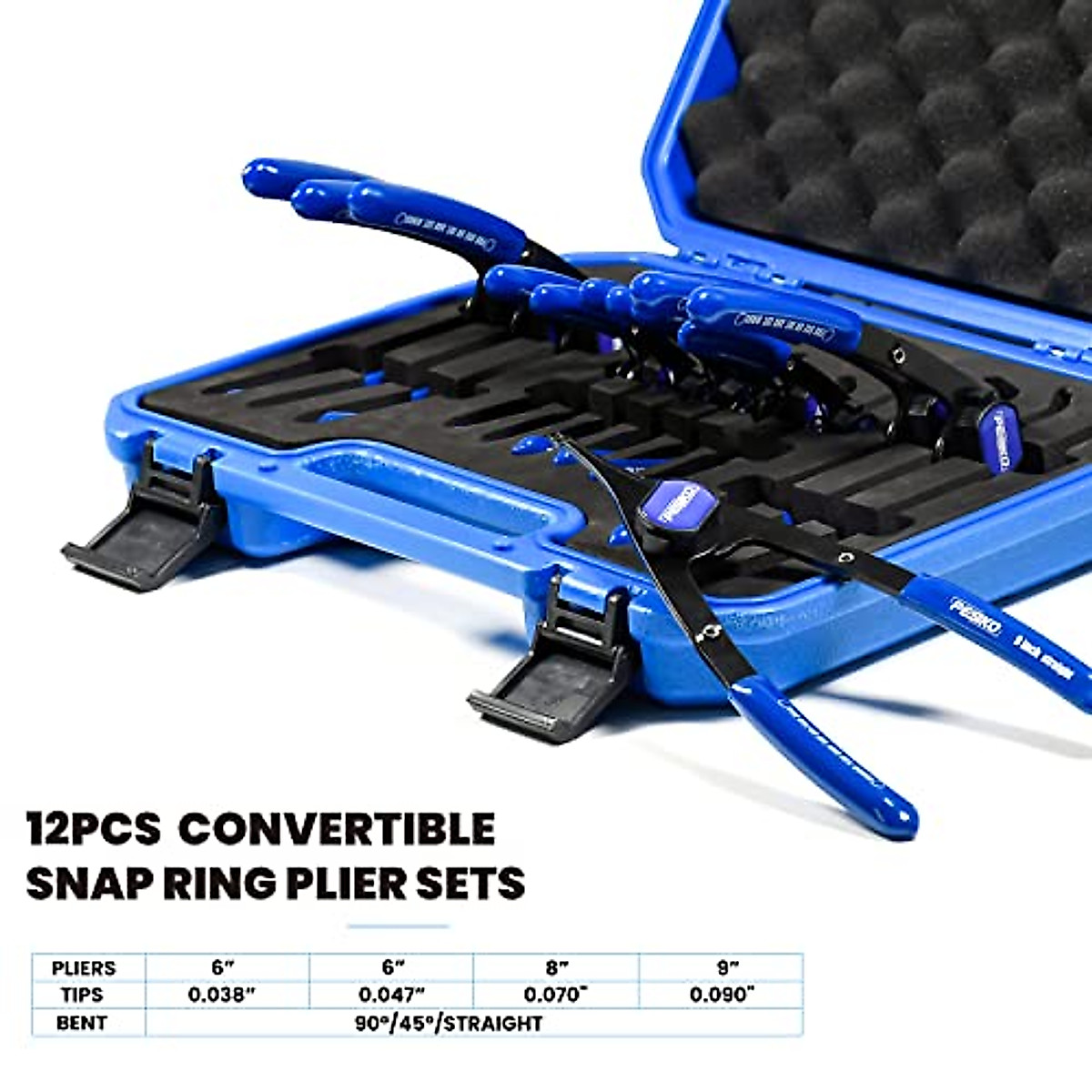 PESIKO 12-Piece Snap Ring Pliers Set Heavy Duty, Internal External Convertible Fixed Tip Snap Ring Pliers 0.038in 0.047in 0.070in 0.090in