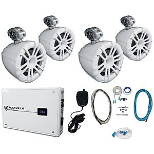 Memphis Audio 4 MXA82TW 8" Marine Wakeboard Tower Speakers/LED+Swivel White Bundle with Rockville Krypton MF3 Amplifier, RMWK4 Amp Install Wire Kit & MRCA25 RCA Cable (7 Items)