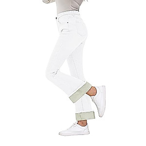KDF Women's Flare Fleece Lined Jeans Thermal Fleece High Waisted Bell Bottom Jeans Winter Warm Fleece Pants 8,White