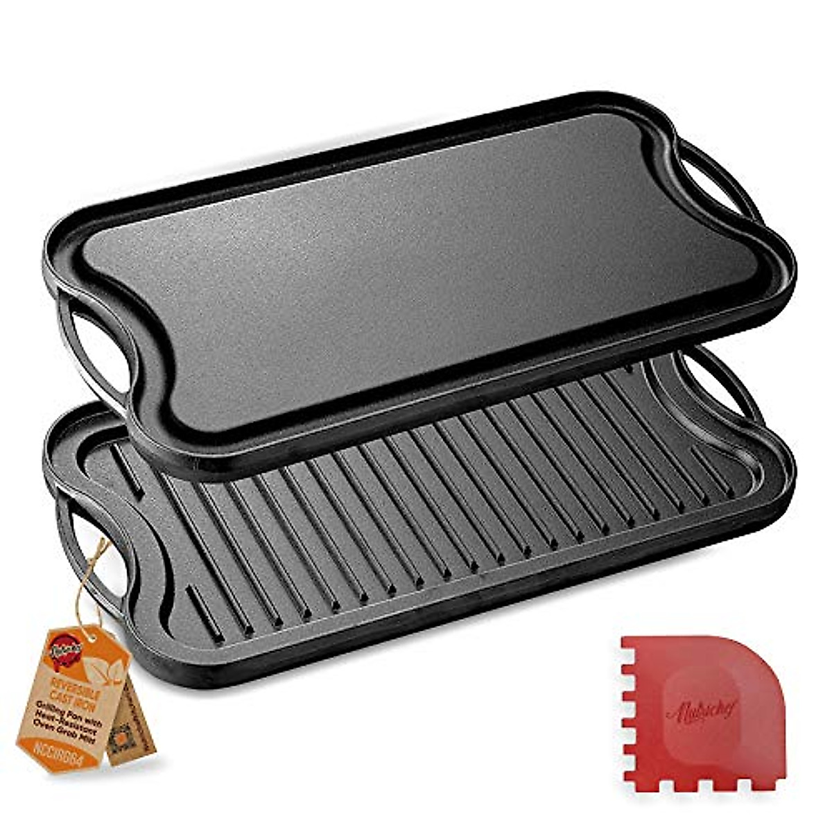 NutriChef Reversible Plate-PFOA & PFOS Free Oven Safe Flat Cast Iron Skillet Griddle Grilling Pan w/Scraper for Electric Stovetop, Ceramic NCCIRG64, BLACK