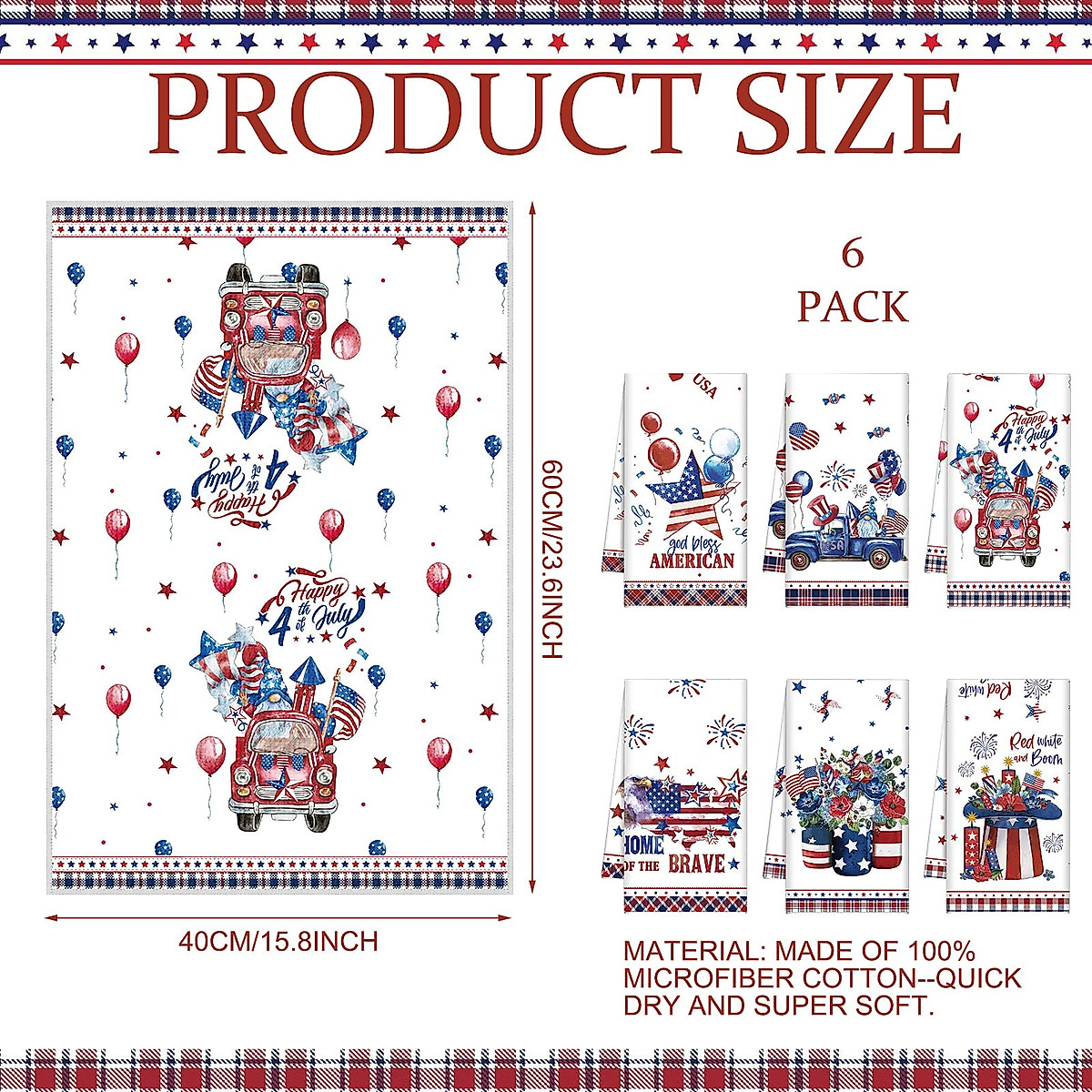 Tudomro Set of 6 4th of July Patriotic Kitchen Towels American Flag Stars Dish Towels Beach Cloth Tea Towel Red Blue Star Tea Towels, Housewarming Gift (Simple, Patriotic)