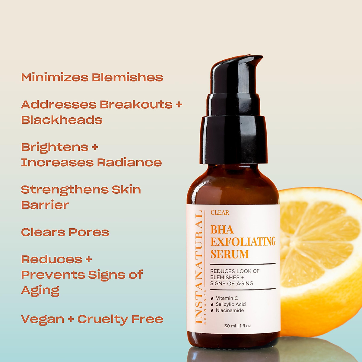 InstaNatural BHA Exfoliating Face Serum, Minimizes Lines, Wrinkles, and Blemishes, with Vitamin C and Salicylic Acid, 1 Fl Oz