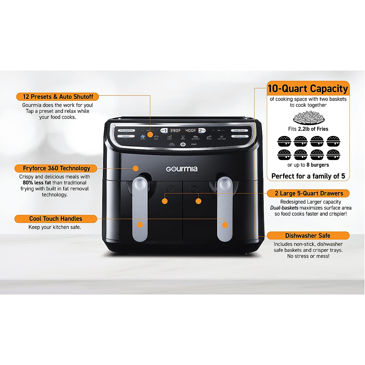 Gourmia 9-Quart Dual Basket Digital Air Fryer, with 7 Functions, Smart Finish and Match Cook,Black/Silver