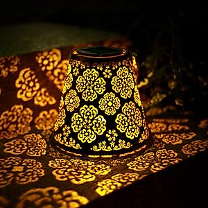 Outdoor Lanterns, Moyisea Hanging Solar Lantern Lights with Rattan Handle and Metal Hollow-Out Flower Lace, Waterproof Decorative Lantern for Patio, Porch, Garden and Tabletop, Bronze