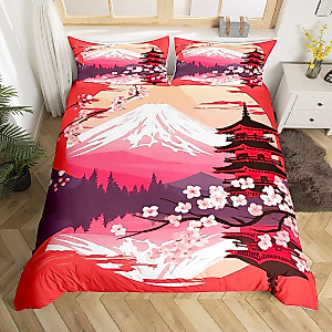 Red Ukiyoe Print Duvet Cover Cherry Blossom Bedding Sets Queen Japanese Mount Fuji Comforter Cover Chic Flowers Florals Bedding Retro Oriental Tower Quilt Cover Decoratives Ultra Soft Cozy 3 Piece