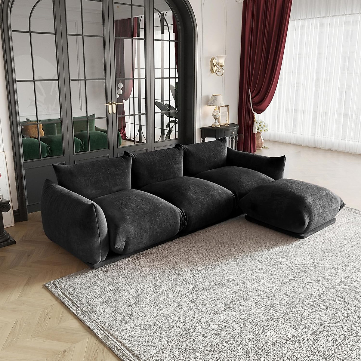 JACH103 L-Shaped Sectional Sofa, Minimalist Chenille Modular Sofas Couches, Luxury Modern 4-Seat Couch Sectionals with Reversible Chaise Ottoman for Living Room Bedroom Office Apartment (Black)